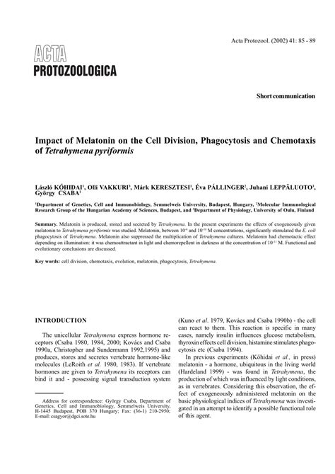 Pdf Impact Of Melatonin On The Cell Division Phagocytosis And