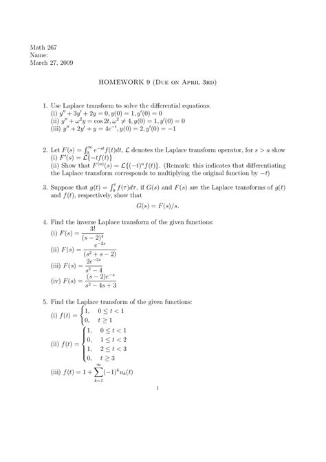 7 Questions For Assignment 9 Differential Equations And Transforms