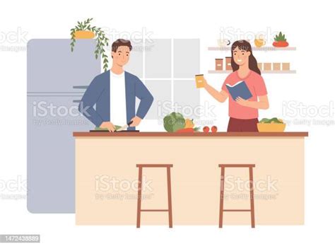 집에서 요리하는 사람들 야채를 자르는 남자 조미료를 주고 레시피 북을 읽는 여자 샐러드 그릇 가족에 대한 스톡 벡터 아트 및