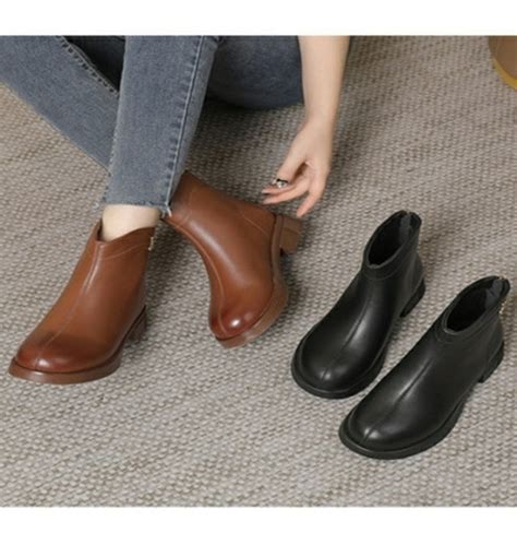 주말룩 여자 앵클숏부츠 라운드 통굽 앵클부츠 겨울 가죽 플랫구두 Nvibeb4 티몬