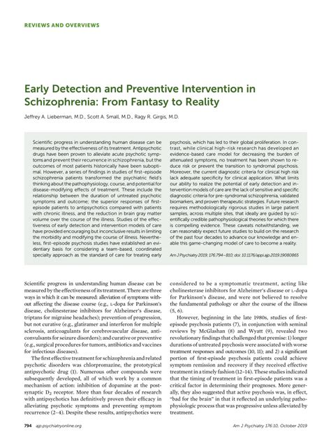 Pdf Early Detection And Preventive Intervention In Schizophrenia From Fantasy To Reality