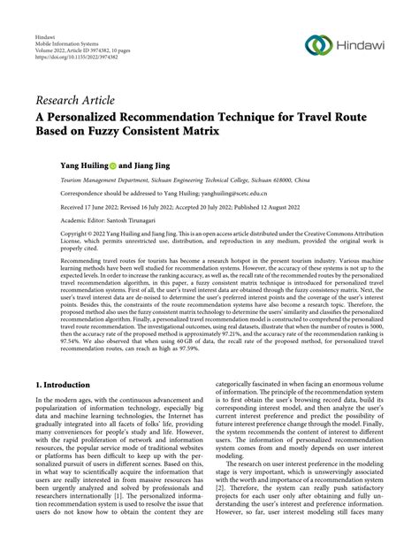 Pdf A Personalized Recommendation Technique For Travel Route Based On Fuzzy Consistent Matrix