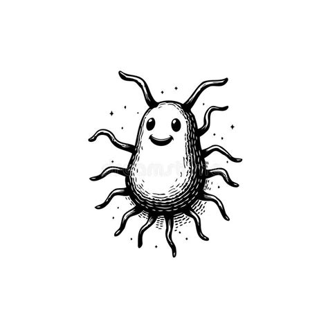 Whimsical Monochrome Drawing Of A Cheerful Microbe With Radiant