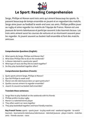 Le Sport Reading Comprehension Ks3 4 Teaching Resources