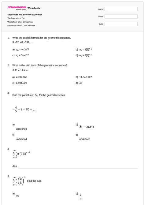 50 Binomial Expansion Worksheets For Class 12 On Wayground Free