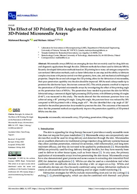 Pdf The Effect Of 3d Printing Tilt Angle On The Penetration Of 3d Printed Microneedle Arrays