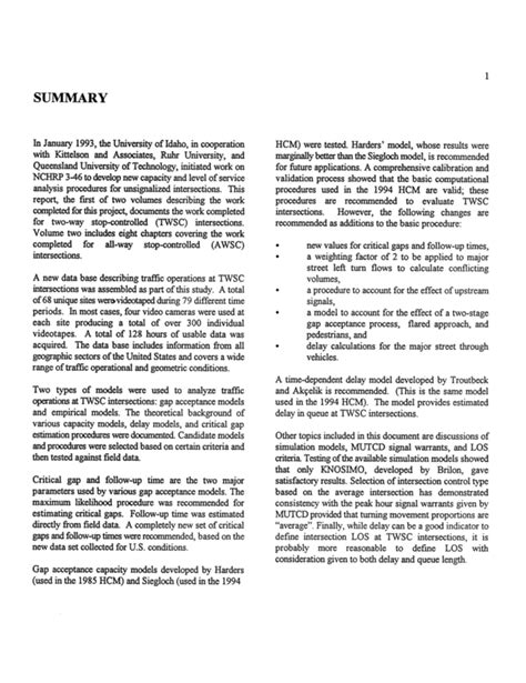 Summary Capacity And Level Of Service At Unsignalized Intersections Final Report Volume 1