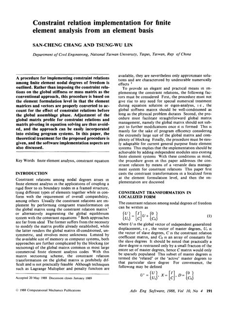 PDF Constraint Relation Implementation For Finite Element Analysis From An Element Basis