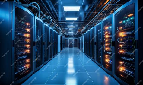 Premium Photo 3d Render Of Secure Server Racks In A Dark Blue Computer Network Security Server