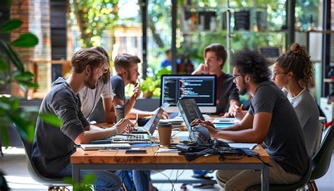 Dynamic Software Development Team Collaborating In A Modern Coworking Space Premium Ai