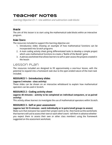 code lesson o1 1 addition and subtraction in programming teaching resources