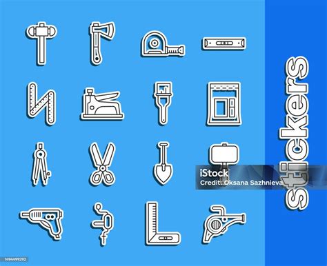 세트 라인 잎 정원 송풍기 큰 망치 시멘트 가방 룰렛 건설 건설 스테이플러 접는 눈금자 및 페인트 브러시 아이콘 벡터 가위에 대한 스톡 벡터 아트 및 기타 이미지 Istock