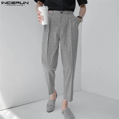 남성 격자 무늬 바지 버튼 조깅 조깅 한국어 스타일 캐주얼 바지 남성 Streetwear 패션 레저 바지 S XL INCERUN AliExpress