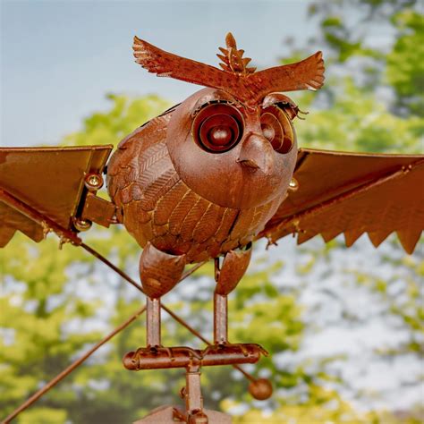 Large Iron Rocking Owl With Moving Wings Garden Stake In Rust Winslow