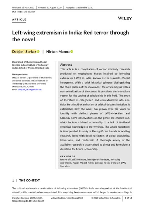 Pdf Left Wing Extremism In India Red Terror Through The Novel
