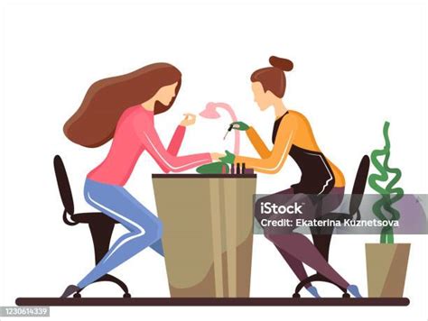 매니큐어 살롱 매니큐어와 절차를하고 매니큐어 매니큐어 살롱에서 여자입니다 미용실 만화 플랫 벡터 일러스트레이션 손톱과 아름다움