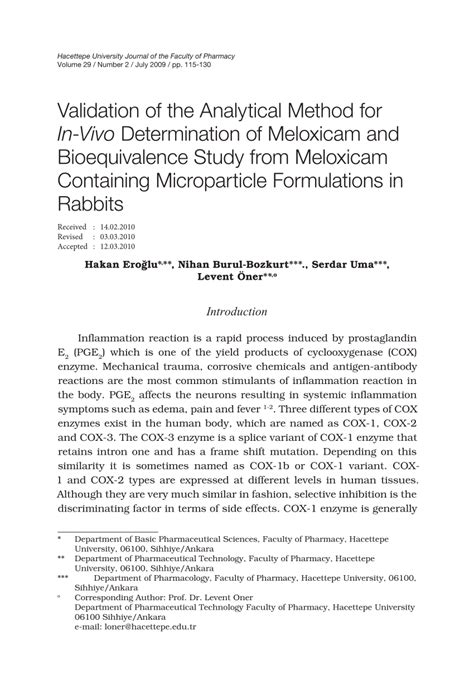 Pdf Validation Of The Analytical Method For In Vivo Determination Of Meloxicam And