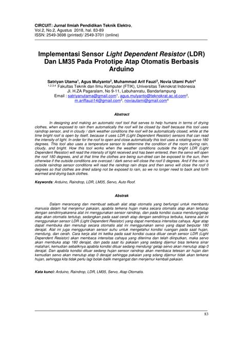 Pdf Implementasi Sensor Light Dependent Resistor Ldr Dan Lm35 Pada