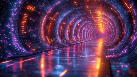 Futuristic Data Tunnel With Bright Lights And Digital Patterns Generative Ai Stock Illustration