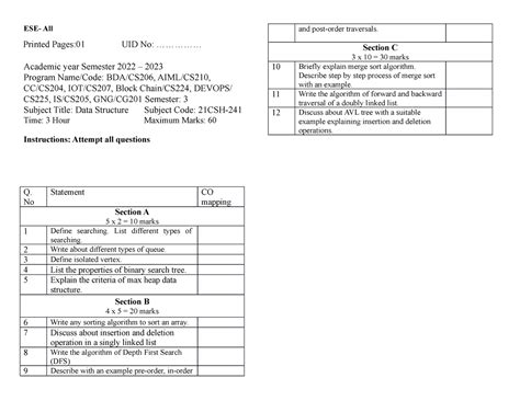 Data Structure Test Ese All Printed Pages 01 Uid No Academic Year Semester