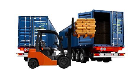 화물 패키지 포장 창 고 물류 및 로드 및 언로드 화물 건축 자재와 두 트럭과 지게차 팔레트의 개념 고립 된 3d 렌더링 흰색 바탕에 그림자 교통에 대한 스톡 사진 및 기타