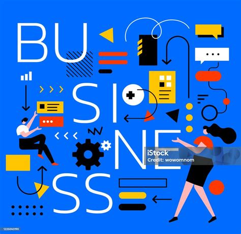 색상 배경에 단어 비즈니스와 추상적 인 요소와 남자와 여자의 벡터 창조적 인 그림 비즈니스 프로세스에서 팀워크 커뮤니케이션 개념에 대한 스톡 벡터 아트 및 기타 이미지