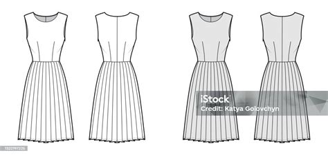 드레스 플리츠 테크니컬 패션 일러스트와 민소매 몸에 맞는 무릎 길이 스커트 플랫 의류 전면 0명에 대한 스톡 벡터 아트 및 기타