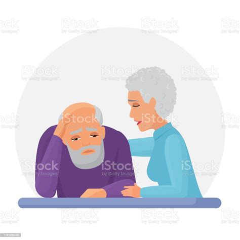 아내 지원 우울한 남편 플랫 벡터 그림입니다 정신 장애 심리 치료 개념 노인 위안 슬픈 수석 만화 캐릭터 화가 남자를 위로하는 여자 노인에 대한 스톡 벡터 아트 및 기타