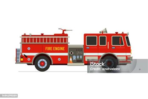 소방차 트럭 정면도 사이렌 경보와 물 탱크를 가진 소방차 차 소방관 빨간 차량 소방관 긴급 구조 수송 소방 트럭 벡터 플랫 일러스트레이션 소방차에 대한 스톡 벡터 아트 및