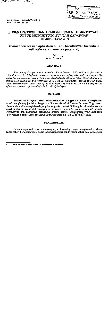 Pdf Beberapa Teori Dan Aplikasi Rumus Thornthwaite Untuk Menghitung Jumlah Cadangan Sumberdaya