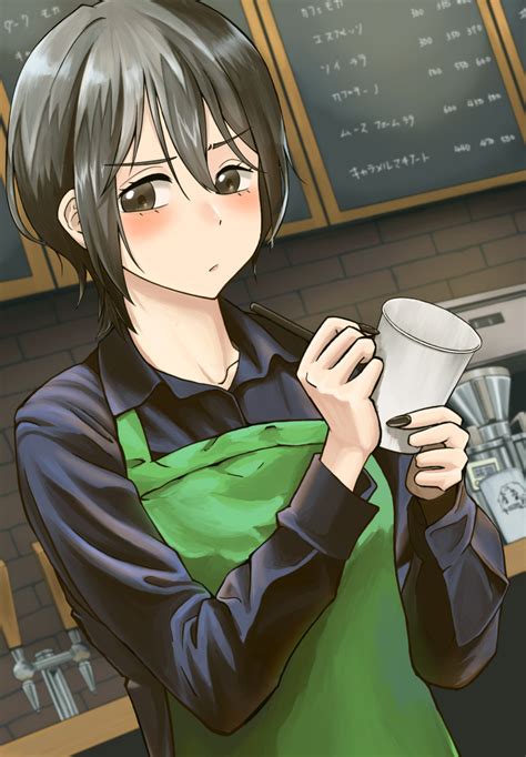 Safebooru 1girl Apron Black Hair Black Shirt Brown Eyes Coffee Cup
