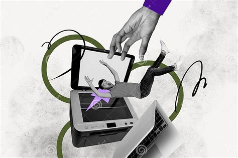 Creative Collage Young Man Falling Down Printer Computer Digital Device Laptop Scanner Catch