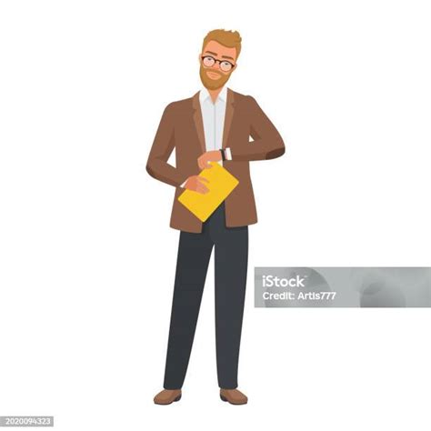 시간을 확인하기 위해 손목시계를 보고 있는 남자 문서를 들고 있는 교사 또는 사업가 남자 사업가에 대한 스톡 벡터 아트 및 기타 이미지 남자 사업가 안경 턱수염
