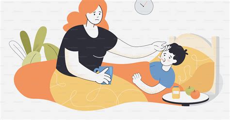 독감이나 감기에 걸린 아이를 돌보는 만화 어머니 열이 나고 목이 아픈 아이는 침대에서 플랫 벡터 일러스트레이션을 한다 건강 보살핌 배너 웹 사이트 디자인 또는 랜딩
