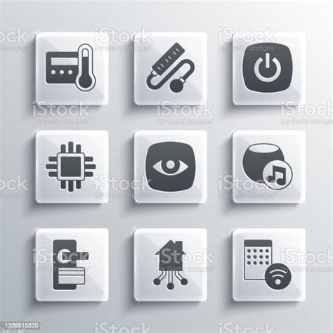 스마트 홈 에어 가습기 음성 비서 보안 카메라 디지털 도어 잠금 장치 Cpu가있는 프로세서 온도 조절기 및 아이콘을 설정합니다 벡터 Cpu에 대한 스톡 벡터 아트 및 기타