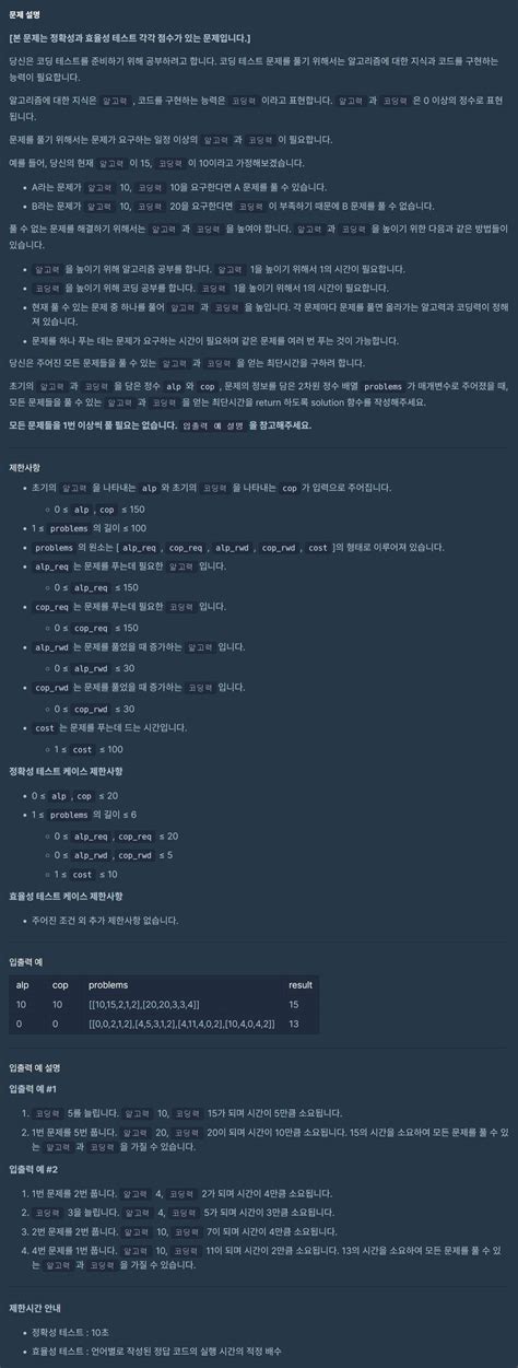 [programmers] 프로그래머스 lv 3 코딩 테스트 공부 문제풀이 c 2022 kakao tech internship
