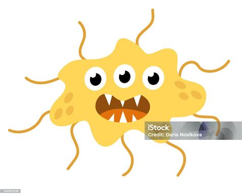 귀여운 만화 노란색 캐릭터 박테리아 미생물 세균 미생물학 유기체 감정을 표현하는 마스코트 평면 디자인의 벡터 어린이 그림입니다