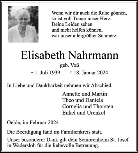 Traueranzeigen Von Elisabeth Nahrmann Trauer Die Glocke De