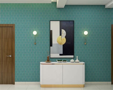 Compact Foyer Design With Green Wallpaper Livspace