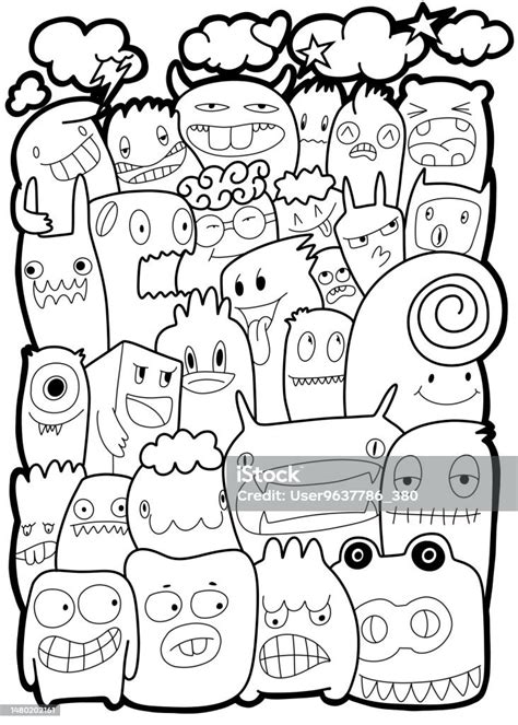 손으로 그린 삽화 괴물 낙서 손으로 그린 만화 괴물 그림 만화 군중 낙서 손으로 그린 낙서 스타일흑백 줄무늬 색칠하기 책 경기 조추첨에 대한 스톡 벡터 아트 및 기타 이미지