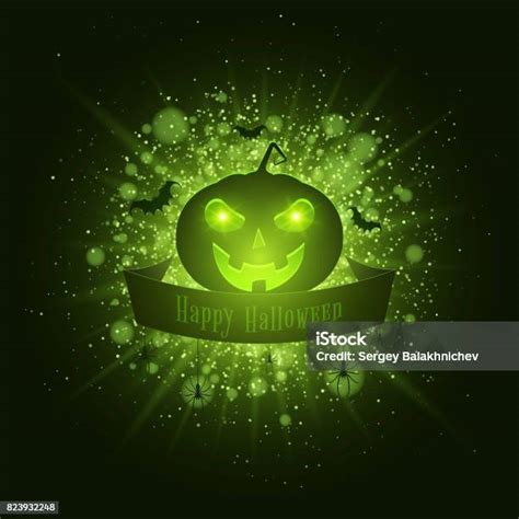 즐거운 할로윈 보내세요 리본 배너입니다 녹색 조명으로 빛의 추상 밝은 플래시 그린 만화 호박 거미 그리고 박쥐입니다 휴가 위한