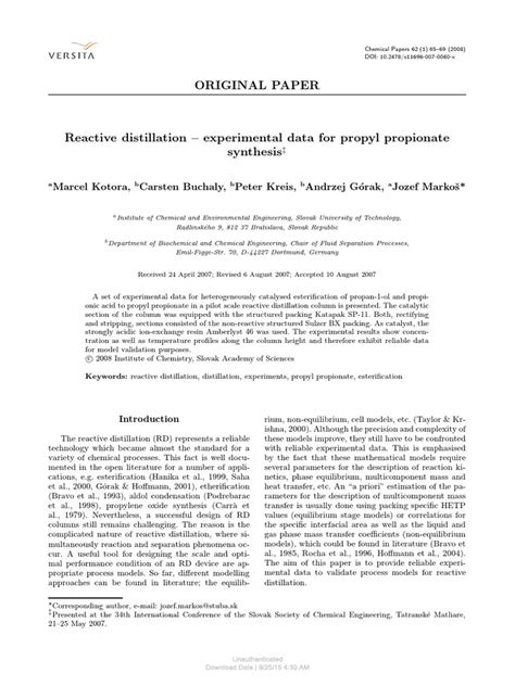 Reactive Distillation Experimental Data For Prop Pdf Distillation