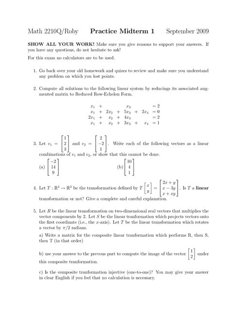 Practice Midterm Exam 1 Applied Linear Algebra Math 2210 Docsity