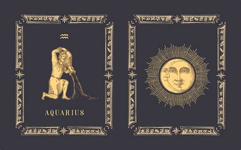 검은 배경에 물병 조아악 기호 조각 스타일에 그려진 별자리 카드 벡터에 태양과 초승달과 점성술 기호의 빈티지 그림 드로잉에 대한 스톡 벡터 아트 및 기타 이미지 Istock