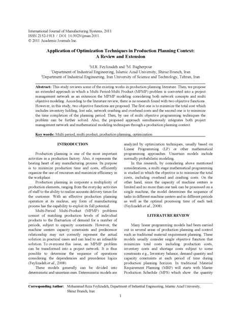 Pdf Application Of Optimization Techniques In Production Planning