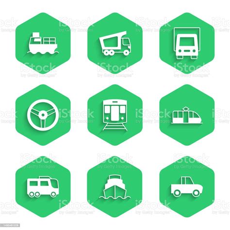 기차와 철도 유람선 픽업 트럭 트램 버스 스티어링 휠 배달화물 및화물을 상자 배달 아이콘으로 설정합니다 벡터 교육 강좌에 대한 스톡 벡터 아트 및 기타 이미지 Istock