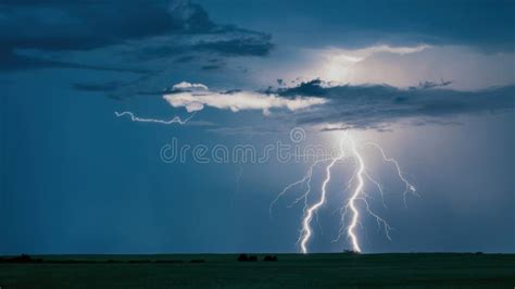 A Lightning Bolt Is Striking A Field Of Grass And Trees Ai Stock Image