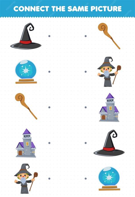 어린이를위한 교육 게임은 귀여운 만화 마법사 모자 마술 구 성 나무 직원 할로윈 인쇄용 워크 시트의 동일한 그림을 연결합니다 프리미엄 벡터