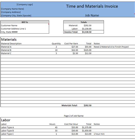Free Time And Materials Invoice Template