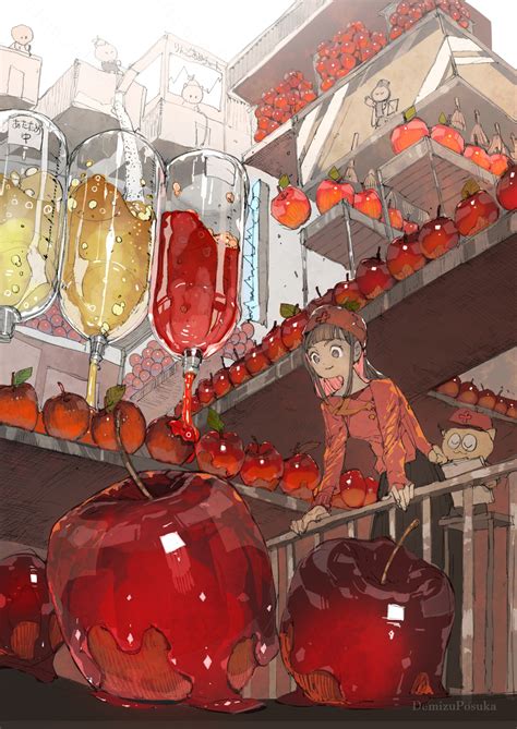 Demizu Posuka Original Commentary Highres 1girl Apple Artist Name